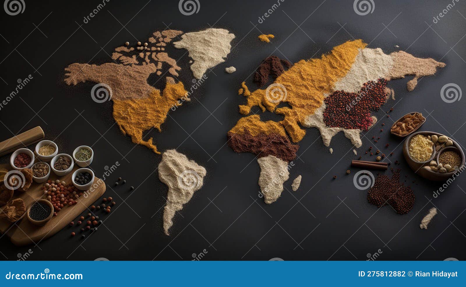 World Map Made of Different Spices on Grey Background, Top View ...