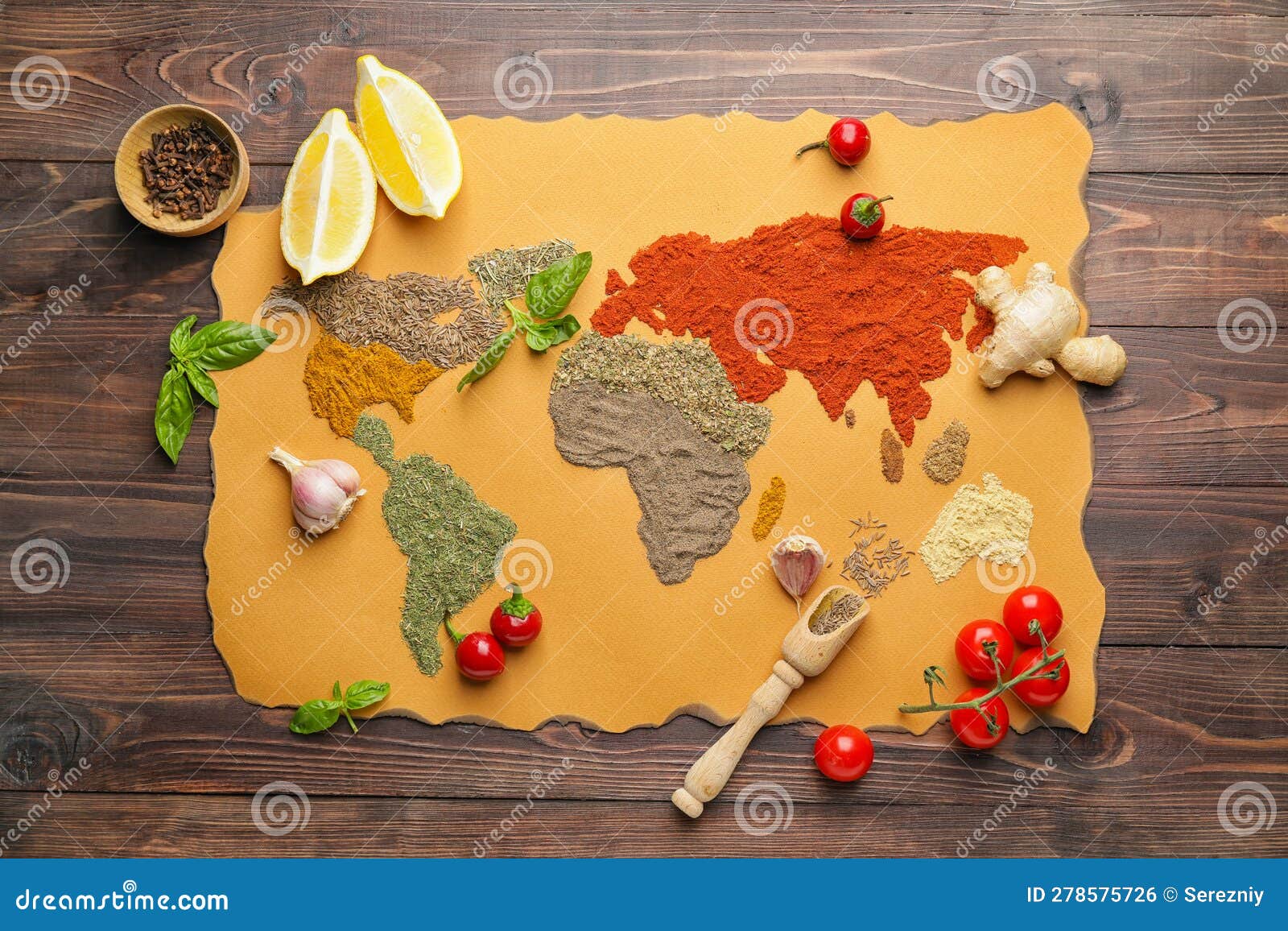 World Map Made of Different Spices on Wooden Background Stock Photo ...