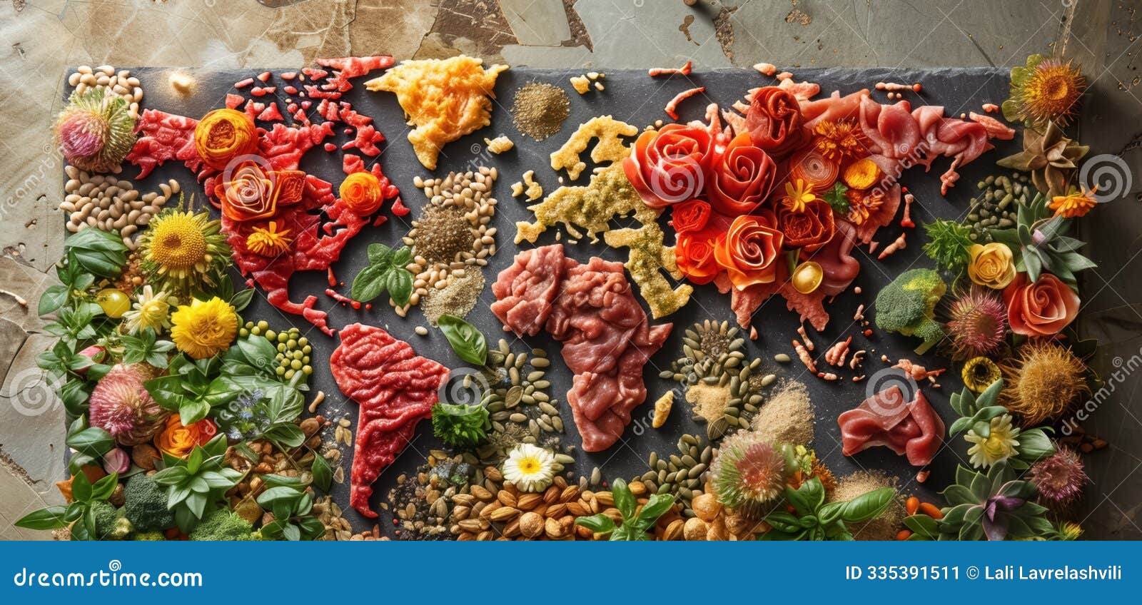 World Map Made of Different Types of Meat and Colorful Spices, Herbs ...