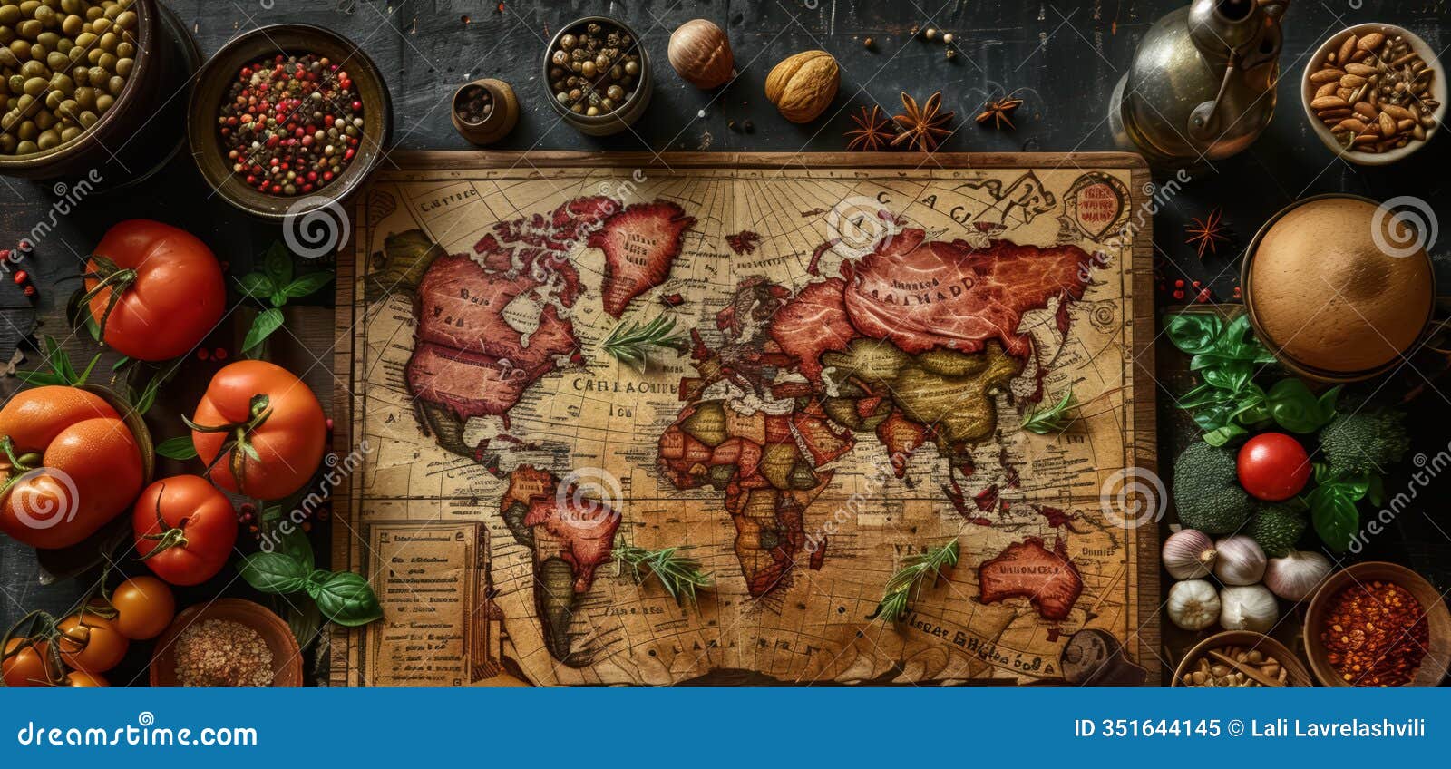 World Map Made of Different Types of Meat and Colorful Spices, Herbs ...