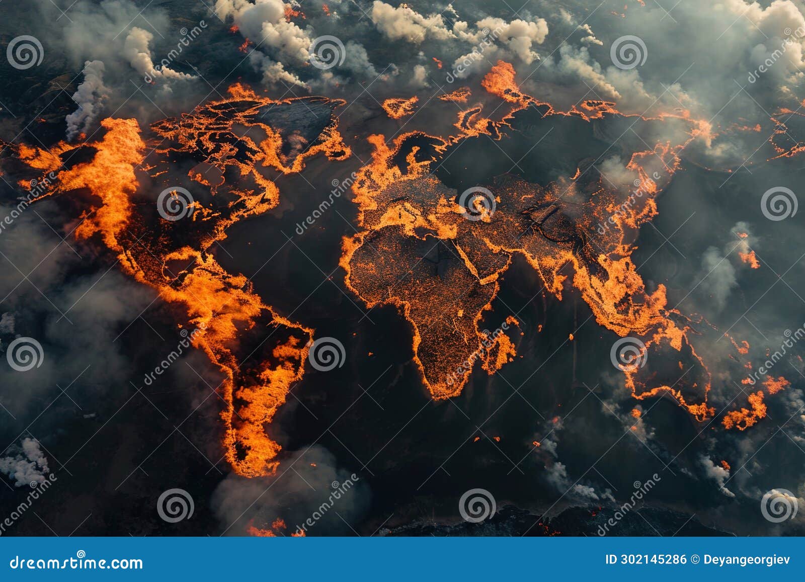 World Map Made of Fire, Aerial View from Above Stock Illustration ...