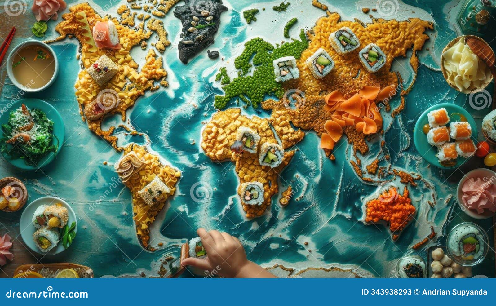 World Map Made of Food, Creative Sushi and Snack Art Stock Illustration ...