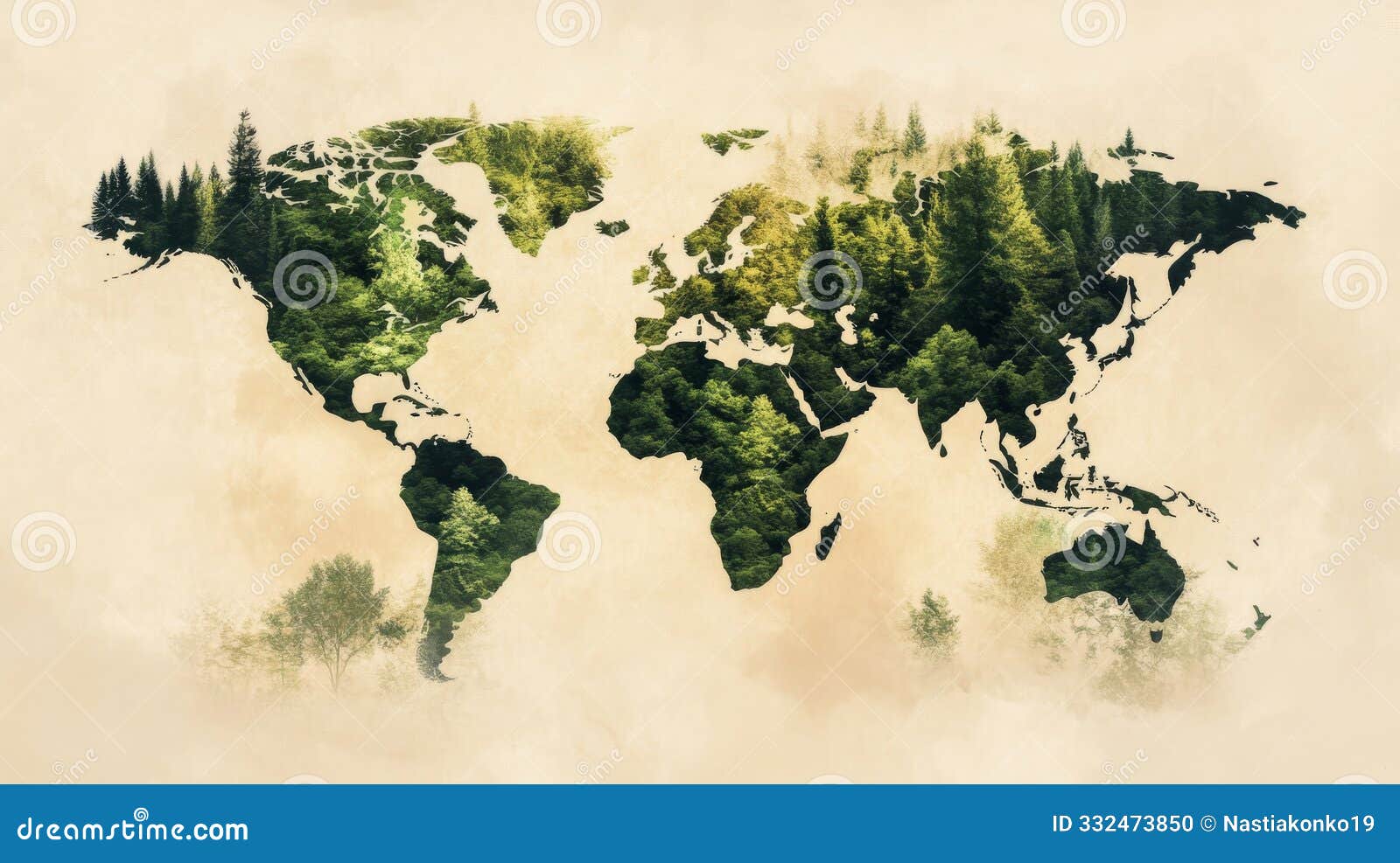 World Map Made of Forest Trees Blending into a Vintage Background ...