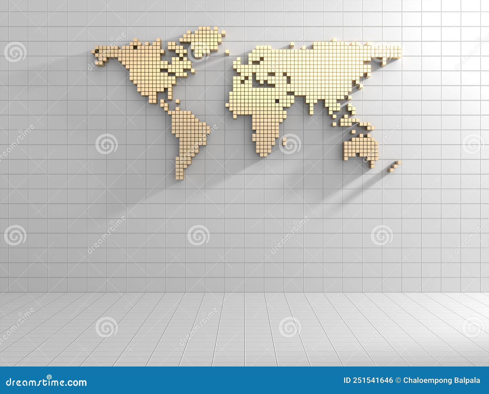 World Map Made by Golden Cube Box on White Wall. Stock Illustration ...