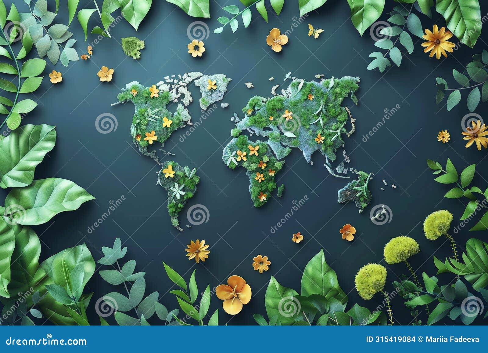 World Map Made of Greenery and Flowers, Ideal for Eco-friendly Concepts ...