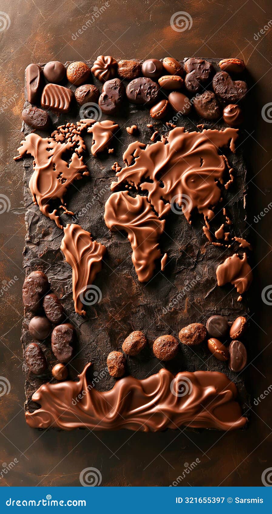 World Map Made From Melted Chocolate And Assorted Chocolates On Dark ...