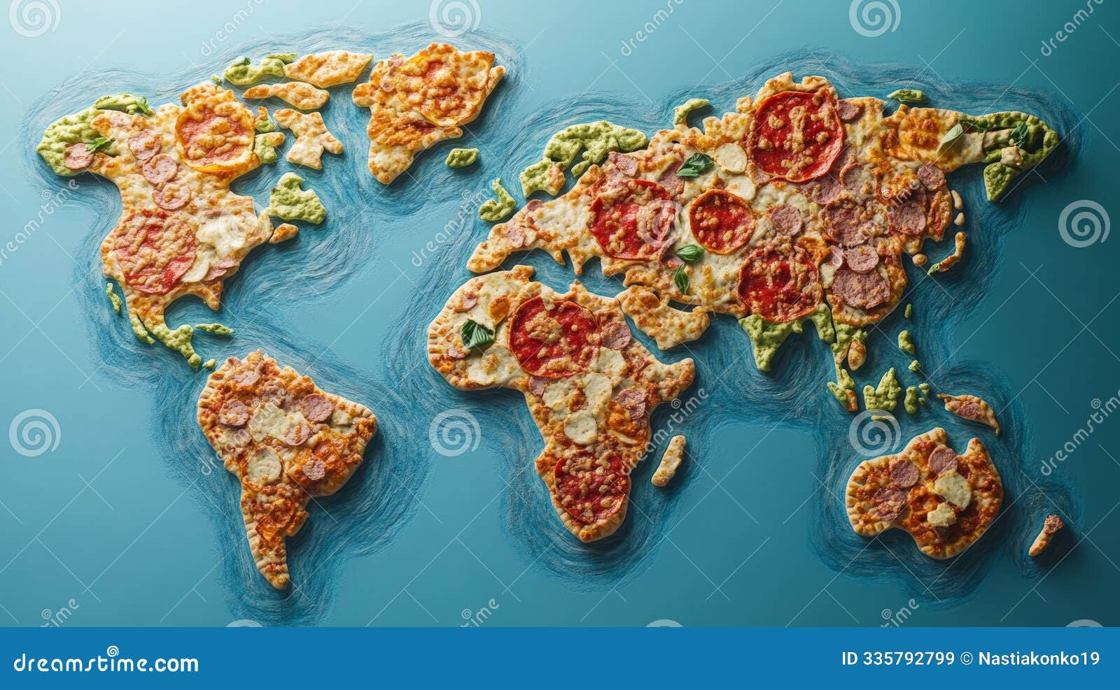 World Map Made of Pizza Toppings on a Blue Background Stock Image ...