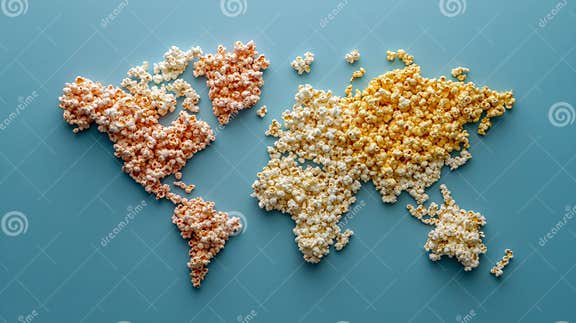 World Map Made of Popcorn on Blue Background Stock Image - Image of ...