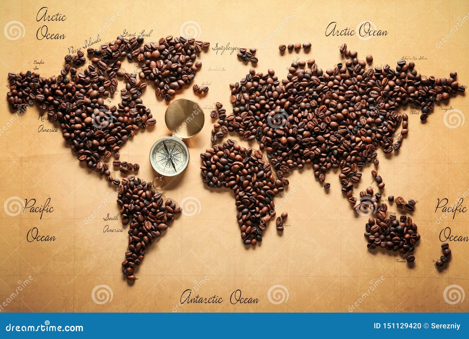 World Map Made of Roasted Coffee Beans with Compass, Top View Stock ...
