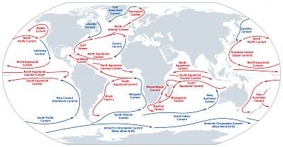 World Map of Major Ocean Currents, Warm Currents in Red, Cold Currents ...