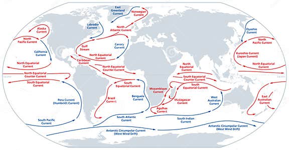 World Map of Major Ocean Currents, Warm Currents in Red, Cold Currents ...