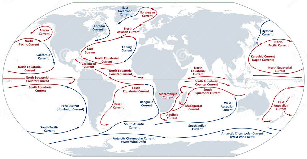 World Map of Major Ocean Currents, Warm Currents in Red, Cold Currents ...