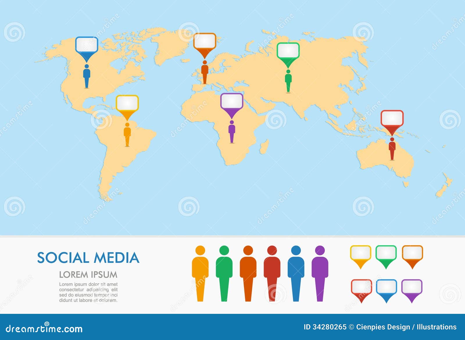 World Map, Men Figures and Geo Position Pointers Infographics. Stock ...