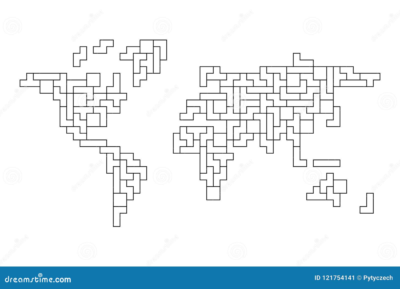 World Map Mosaic of Black Outlined Tetris Blocks. Flat Vector ...
