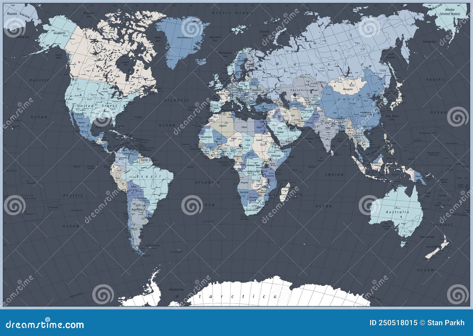 World Map with Names of Countries, Capitals and Water Objects Stock ...