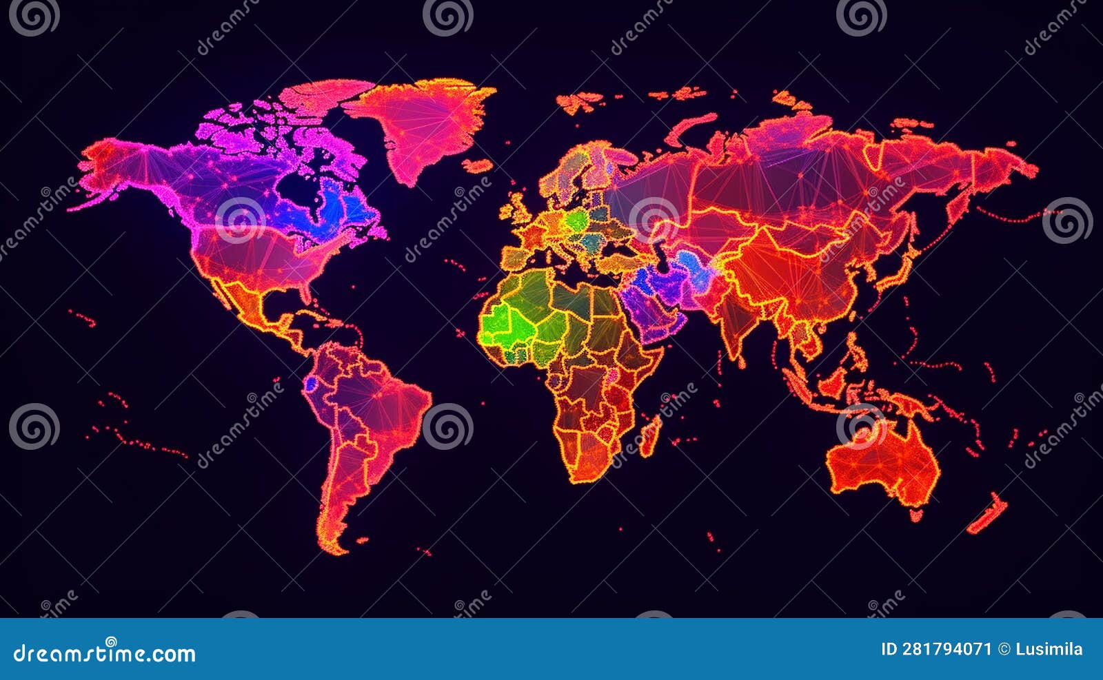 World Map in Neon Colors. Generative Ai Stock Illustration ...