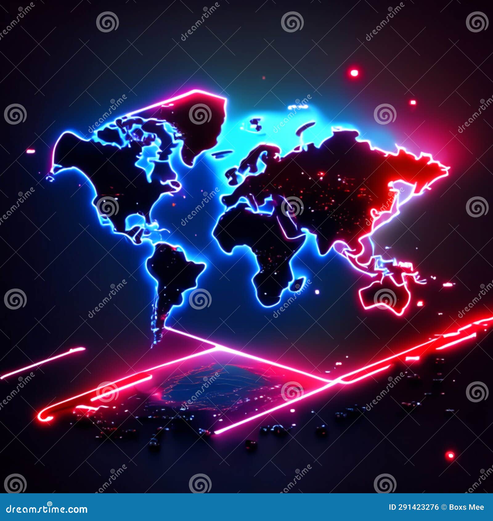 World Map with Neon Light on Dark Background. 3d Rendering Stock ...