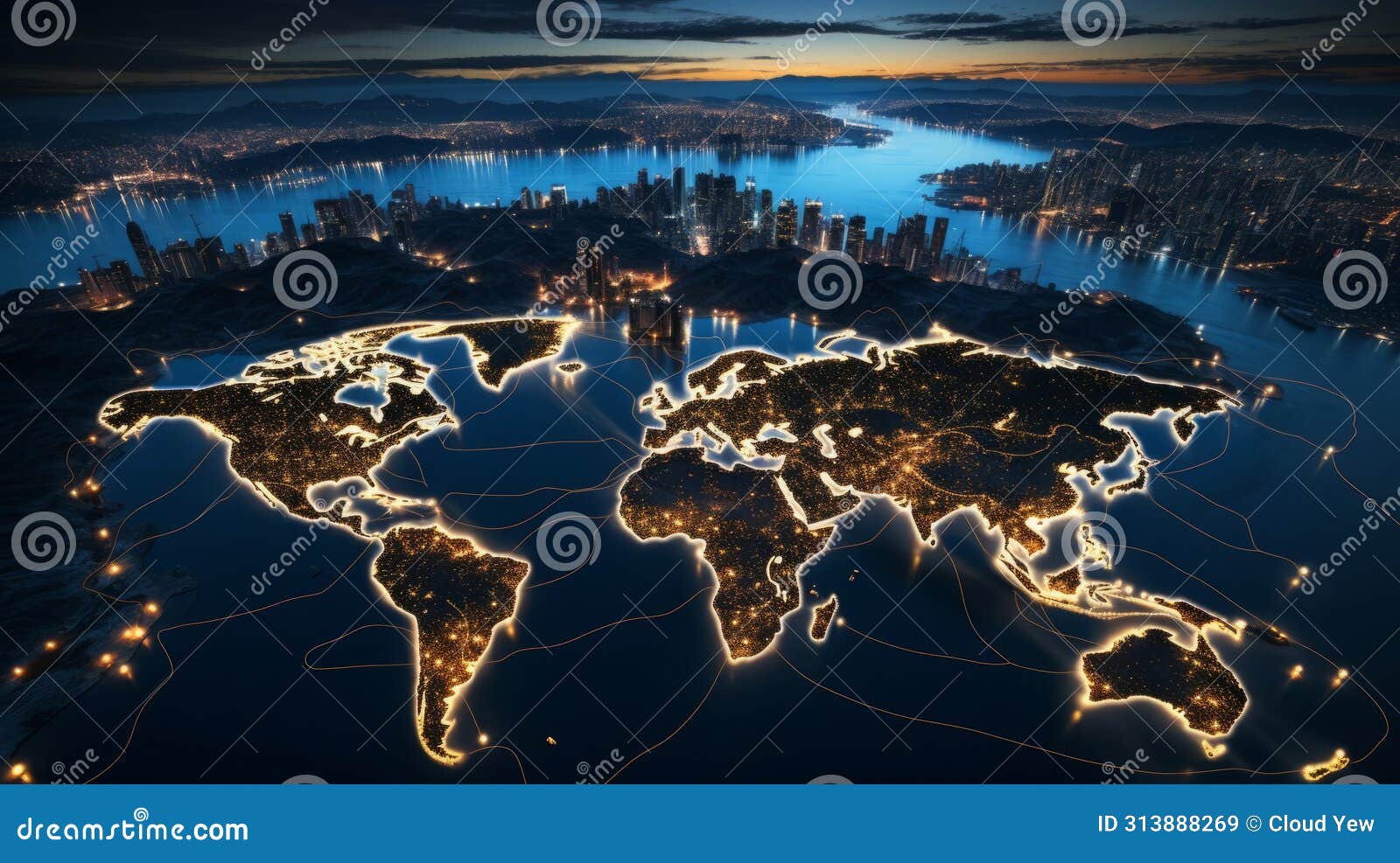 A World Map at Night, Featuring City Lights Stock Illustration ...