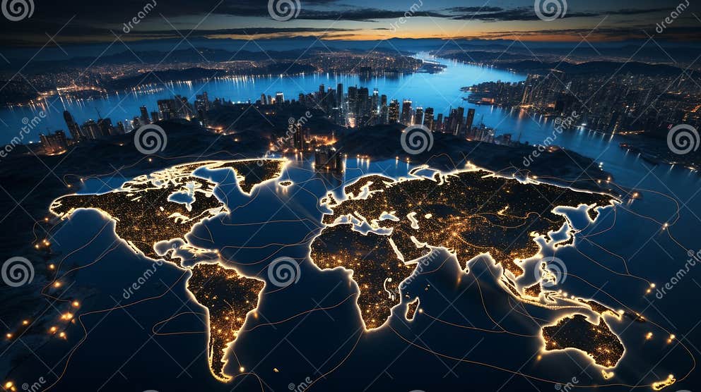 A World Map at Night, Featuring City Lights Stock Illustration ...