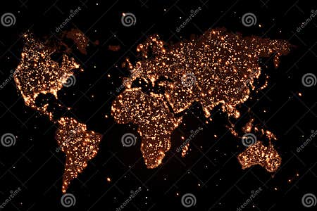 World Map in the Night with Lights Stock Illustration - Illustration of ...