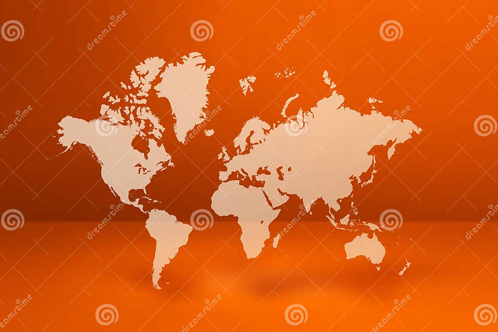 World Map on Orange Wall Background. 3D Illustration Stock Illustration ...