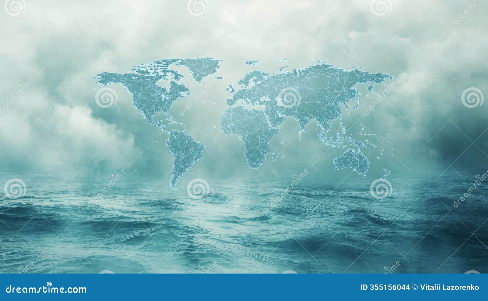 World Map Overlay on Ocean with Abstract Cloudy Sky Background Stock ...