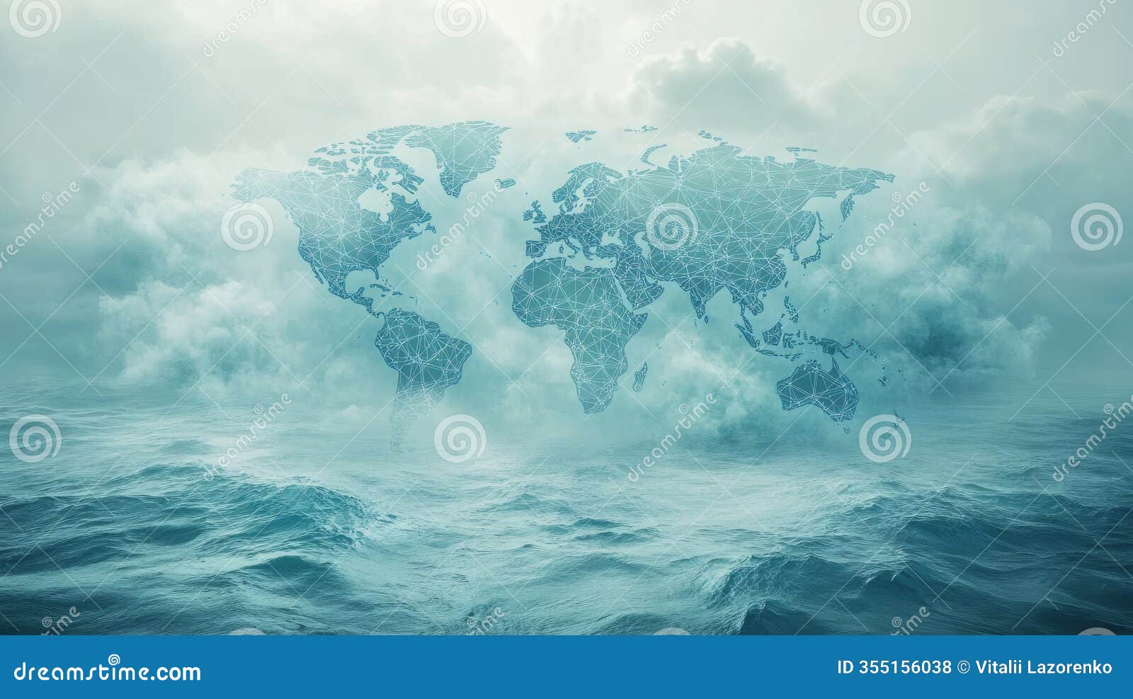 World Map Overlay on Ocean with Cloudy Sky and Network Connections ...