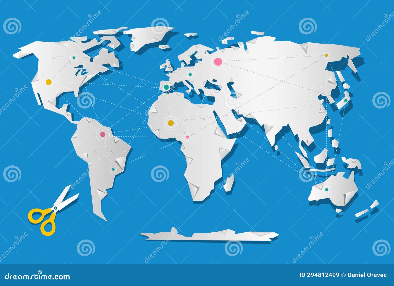 World Map - Paper Cut Continents with Points and Lines Stock ...