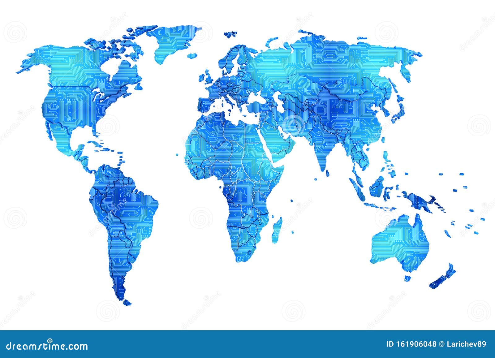 World Map with Pcb Texture in Blue Tone. 3d Illustration Stock ...