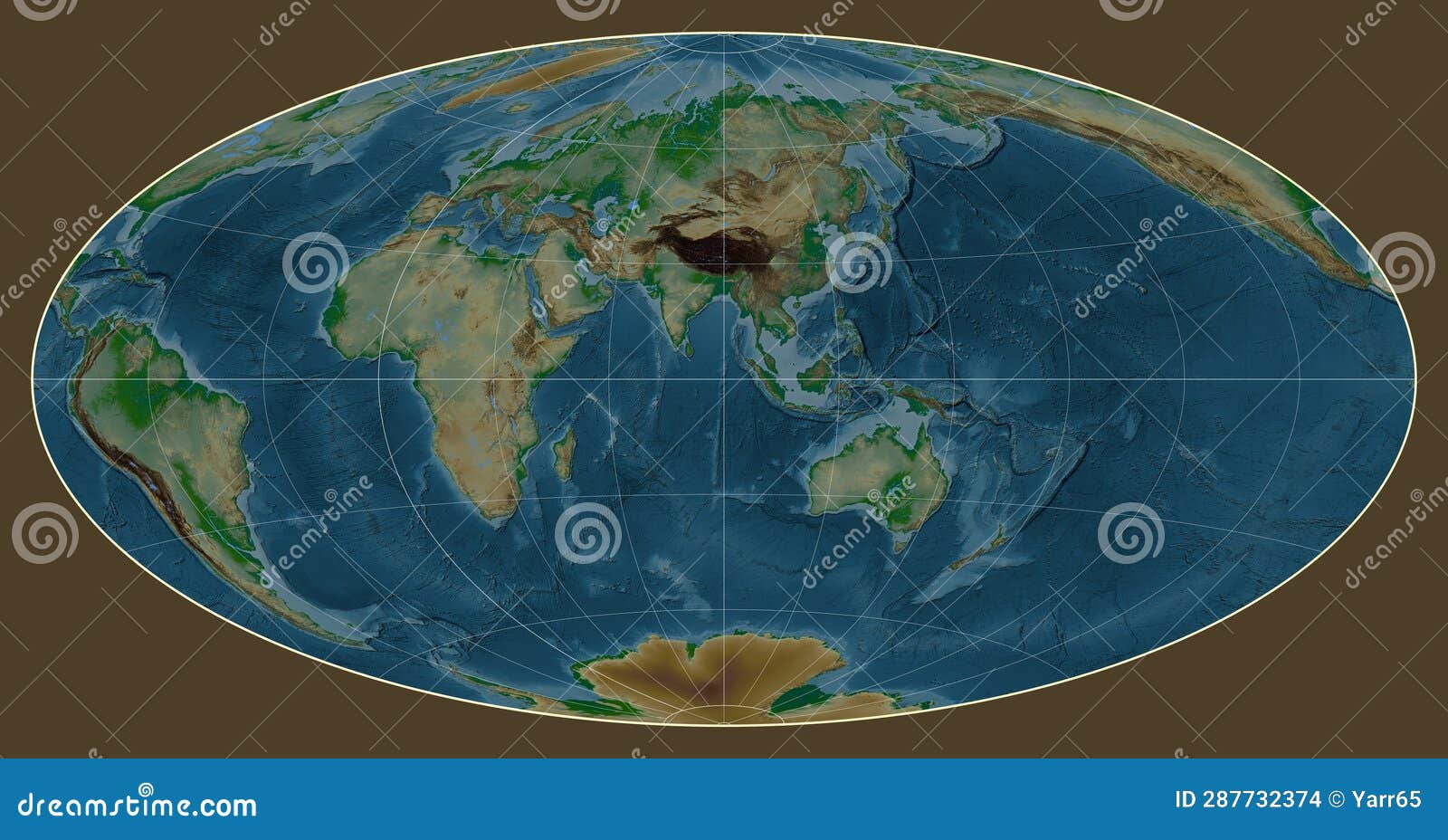 World Map. Physical. Aitoff Projection. Meridian: 90 East Stock ...