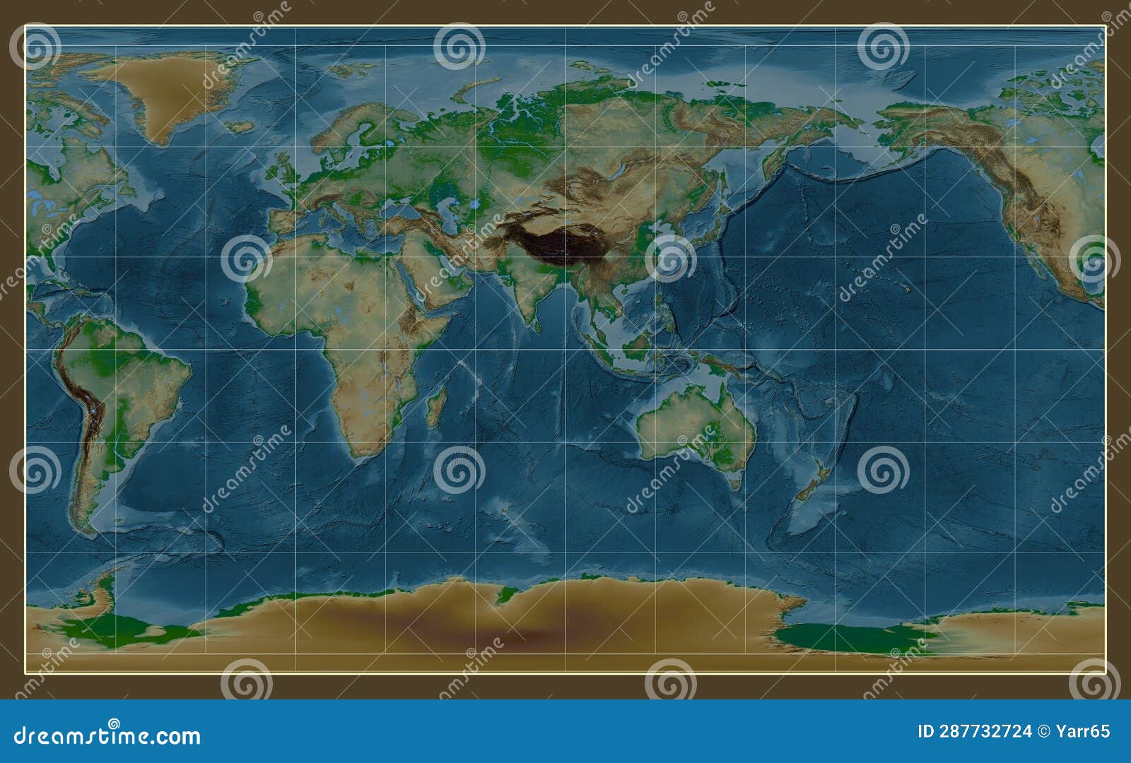 World Map. Physical. Compact Miller Projection. Meridian: 90 Eas Stock ...