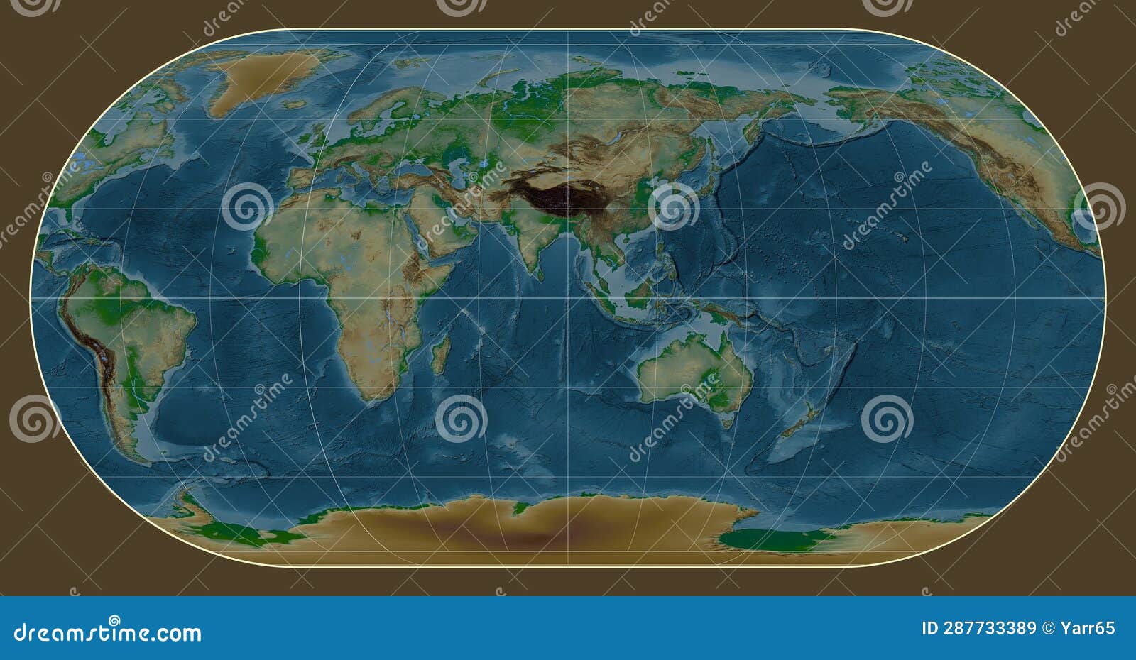 World Map. Physical. Eckert III Projection. Meridian: 90 East Stock ...