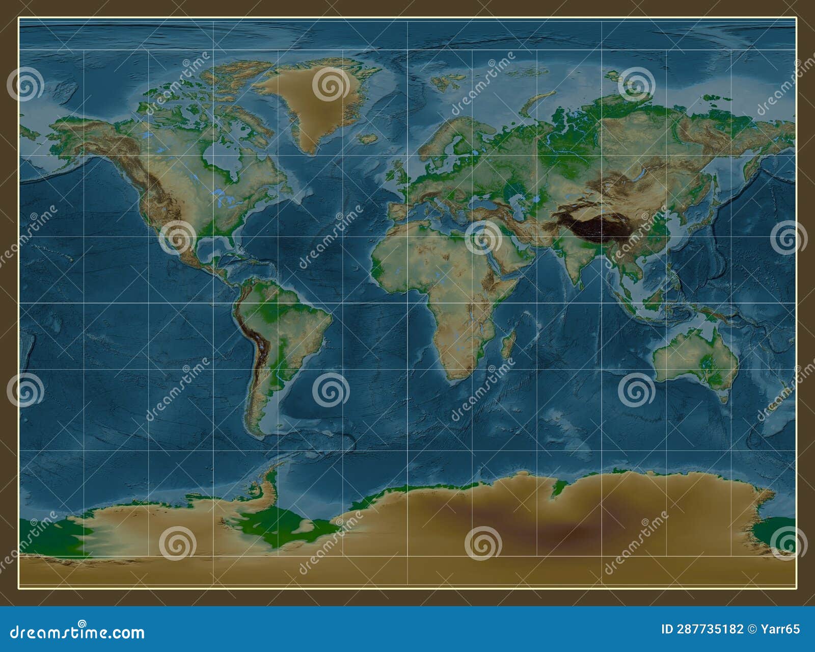 World Map. Physical. Miller Cylindrical Projection. Meridian: 0 Stock ...