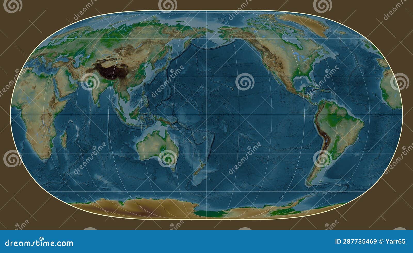World Map. Physical. Natural Earth II Projection. Meridian: 180 Stock ...
