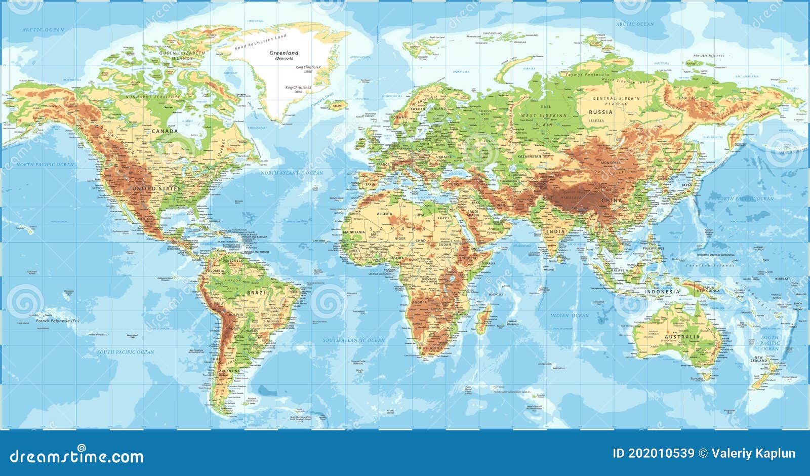 World Map - Physical Topographic - Vector Detailed Illustration Stock ...