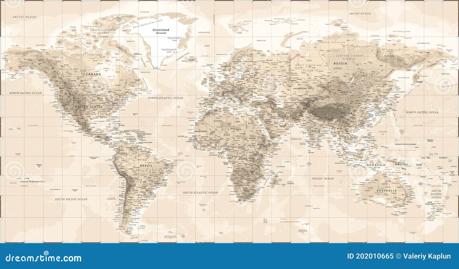 World Map Physical - Vintage Retro Old Style - Vector Detailed ...