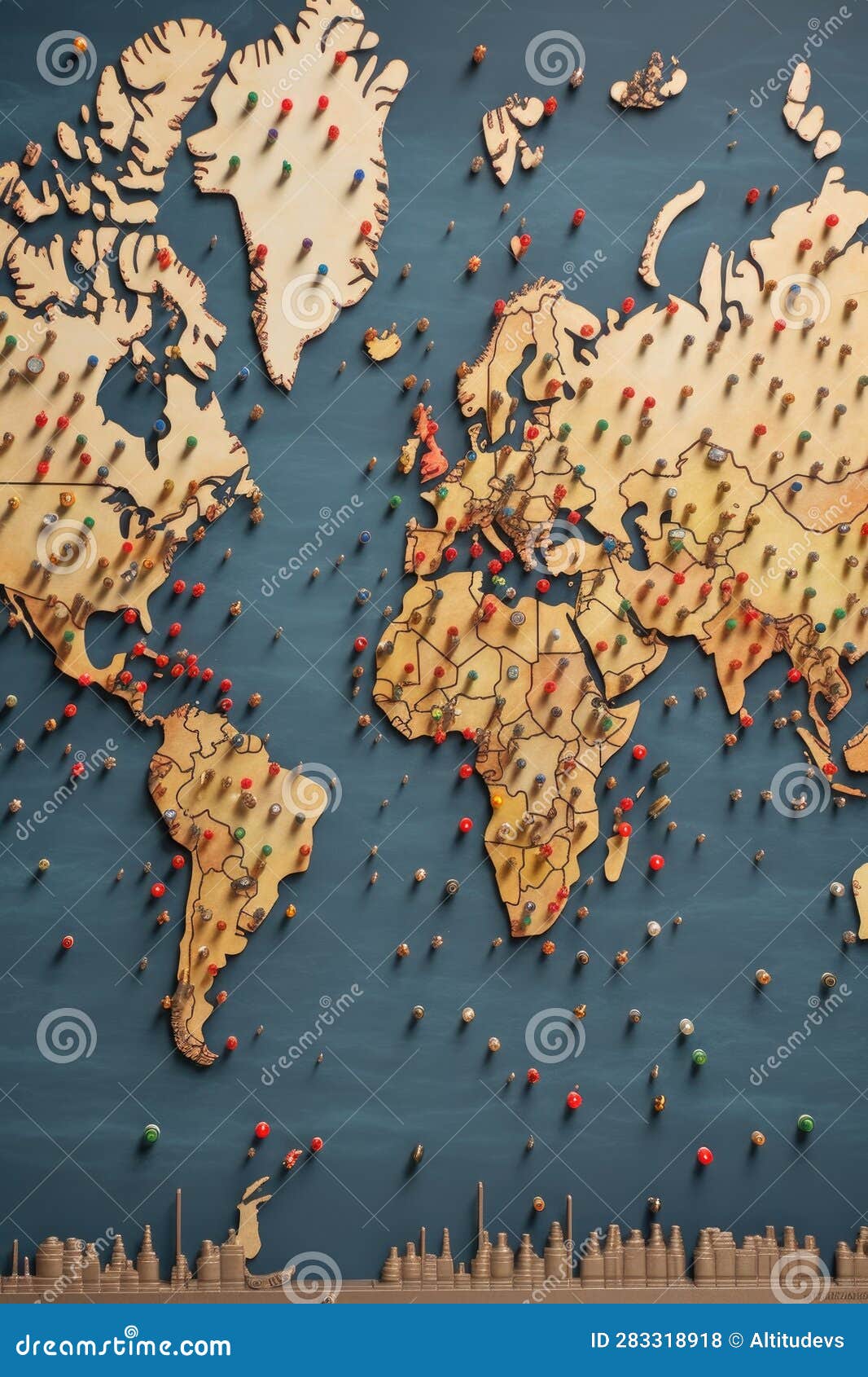 World Map with Pins Marking Famous Landmarks Stock Illustration ...