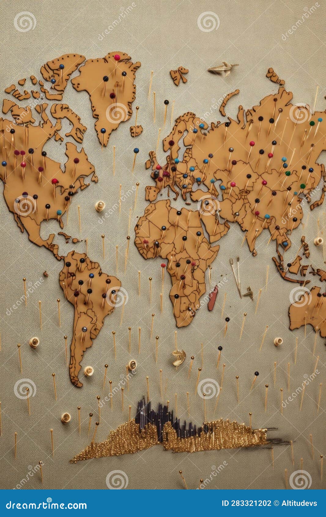 World Map with Pins Marking Famous Landmarks Stock Illustration ...