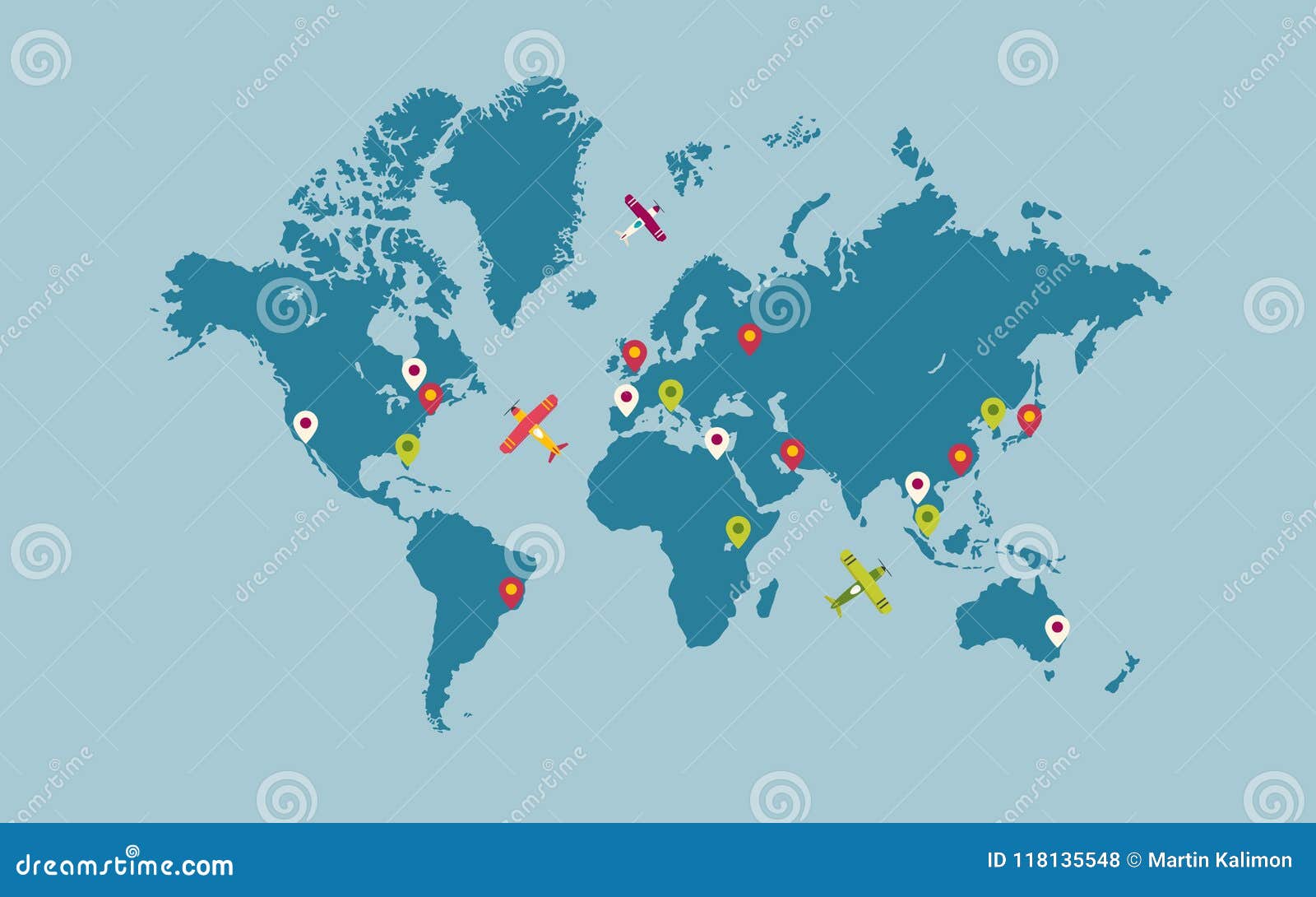 World Map with Map Pointers and Airplanes. Stock Vector - Illustration ...