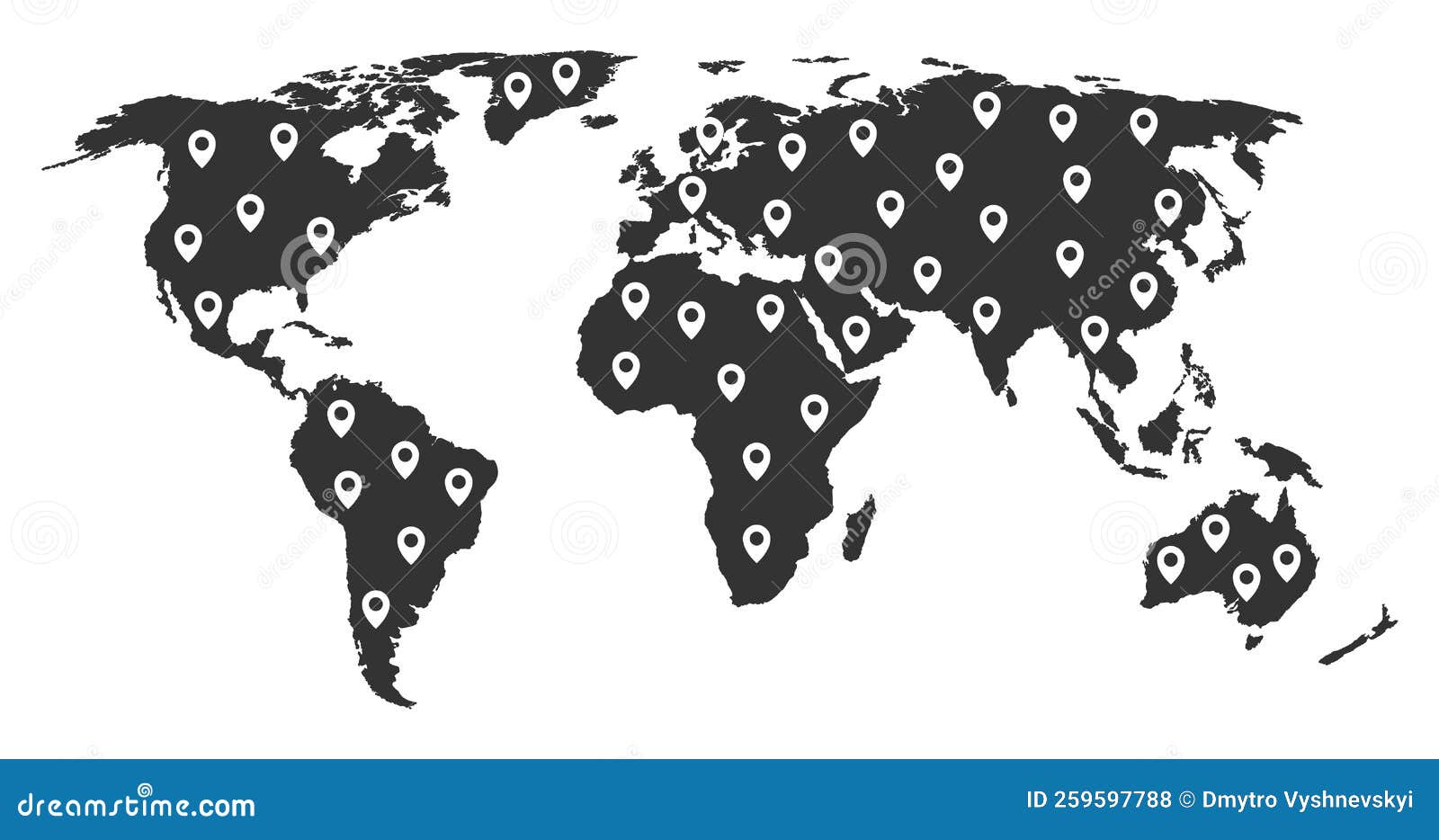 World Map With Pointers All Over Silhouette Vector Illustration Stock
