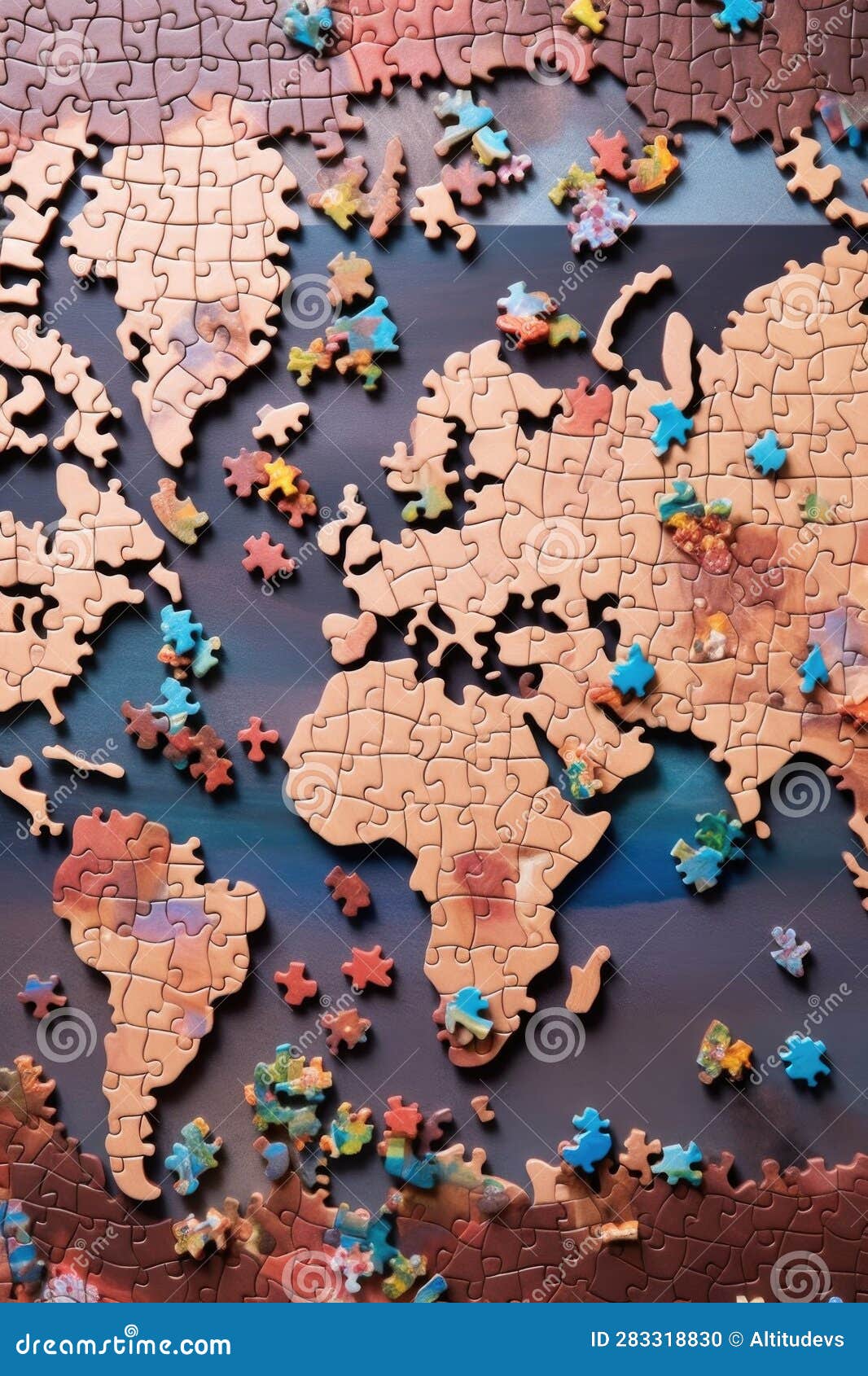 World Map Puzzle with Pieces Scattered Around Stock Photo - Image of ...