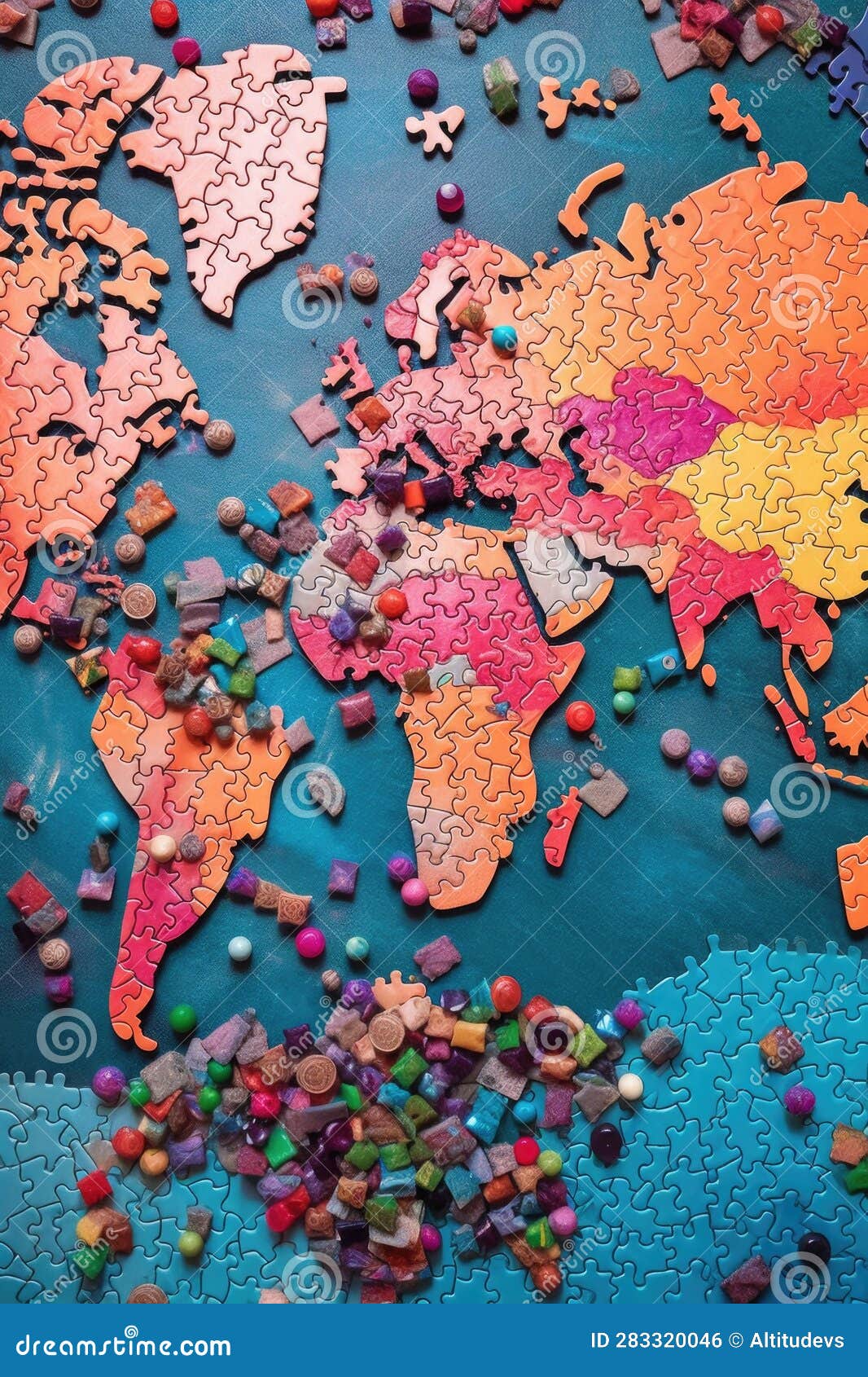World Map Puzzle with Pieces Scattered Around Stock Illustration ...