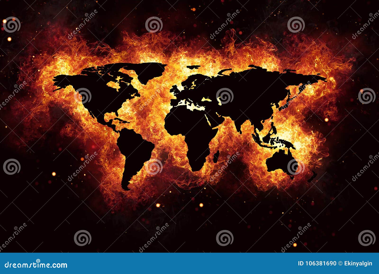 World Map Realistic Burning Fire Flames On Black Royalty-Free Stock ...