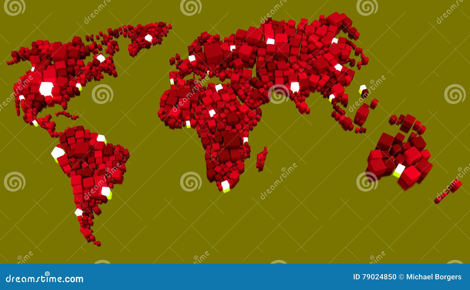 World Map of Red Cubes with Glowing Data Nodes Stock Illustration ...