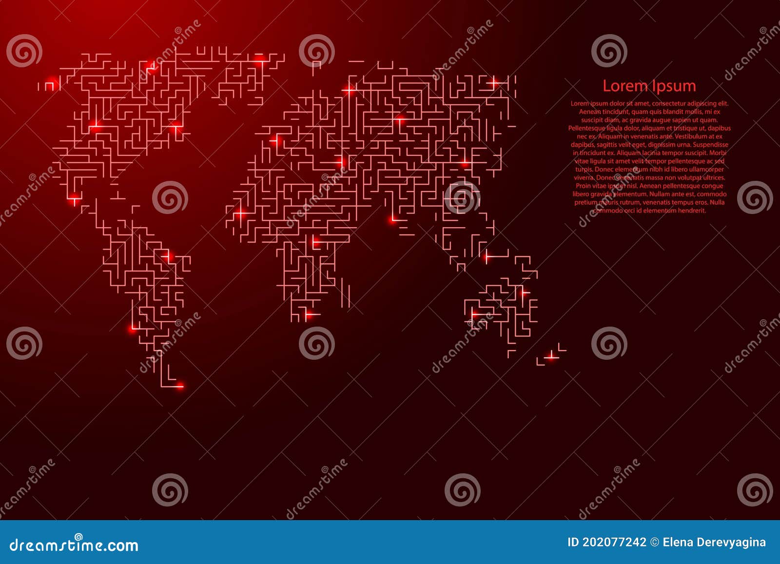 World Map from Red Pattern of the Maze Grid and Glowing Space Stars ...