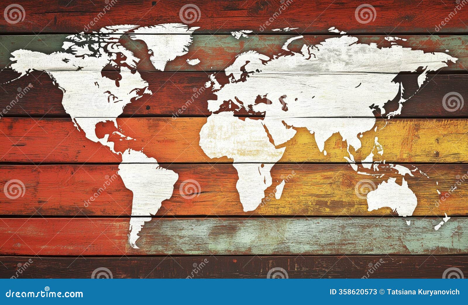 World Map on Rustic Wooden Background with Vibrant Colors and Textures ...