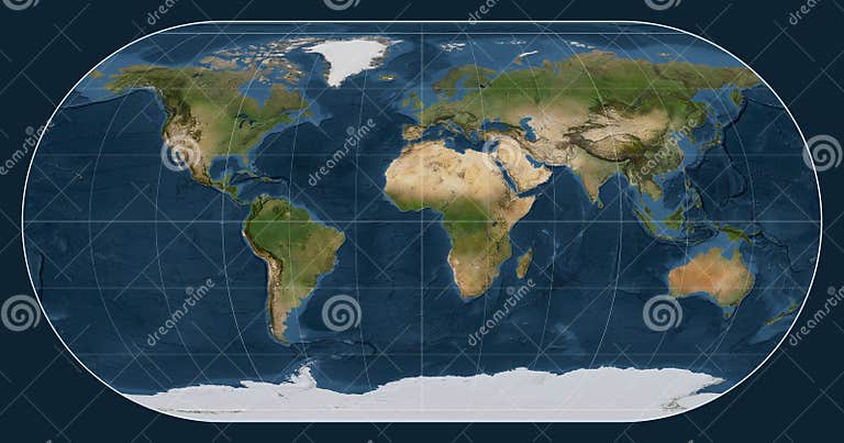 World Map. Satellite. Eckert III Projection. Meridian: 0 Stock ...