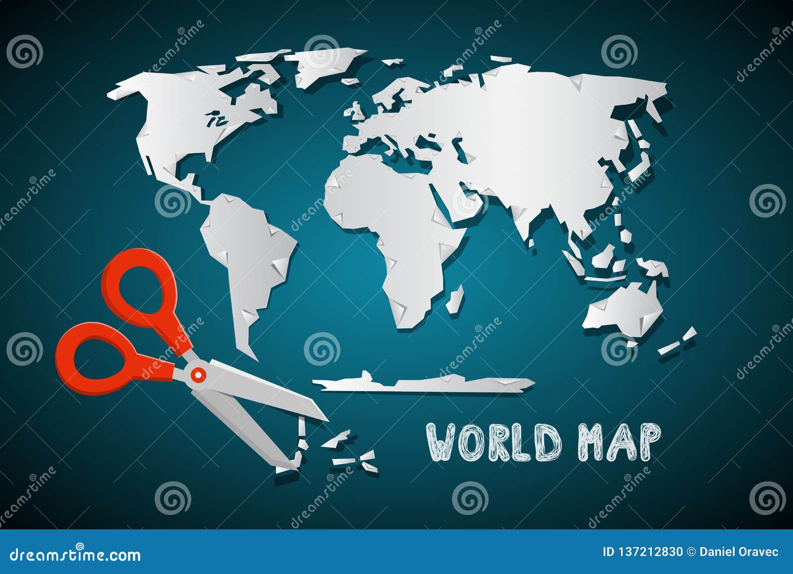 Scissors Cut Map World Template. Dashed Line Continents Of Planet Earth ...