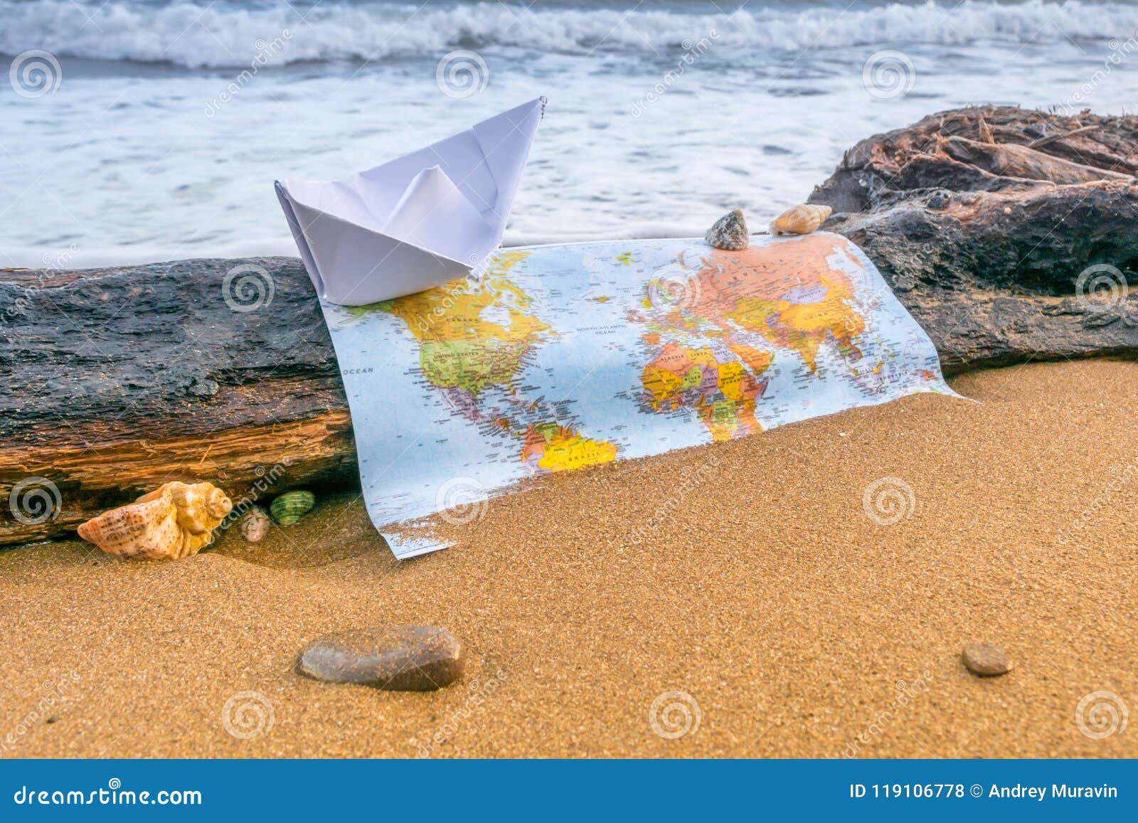 World map and seashells 5 stock photo. Image of view - 119106778
