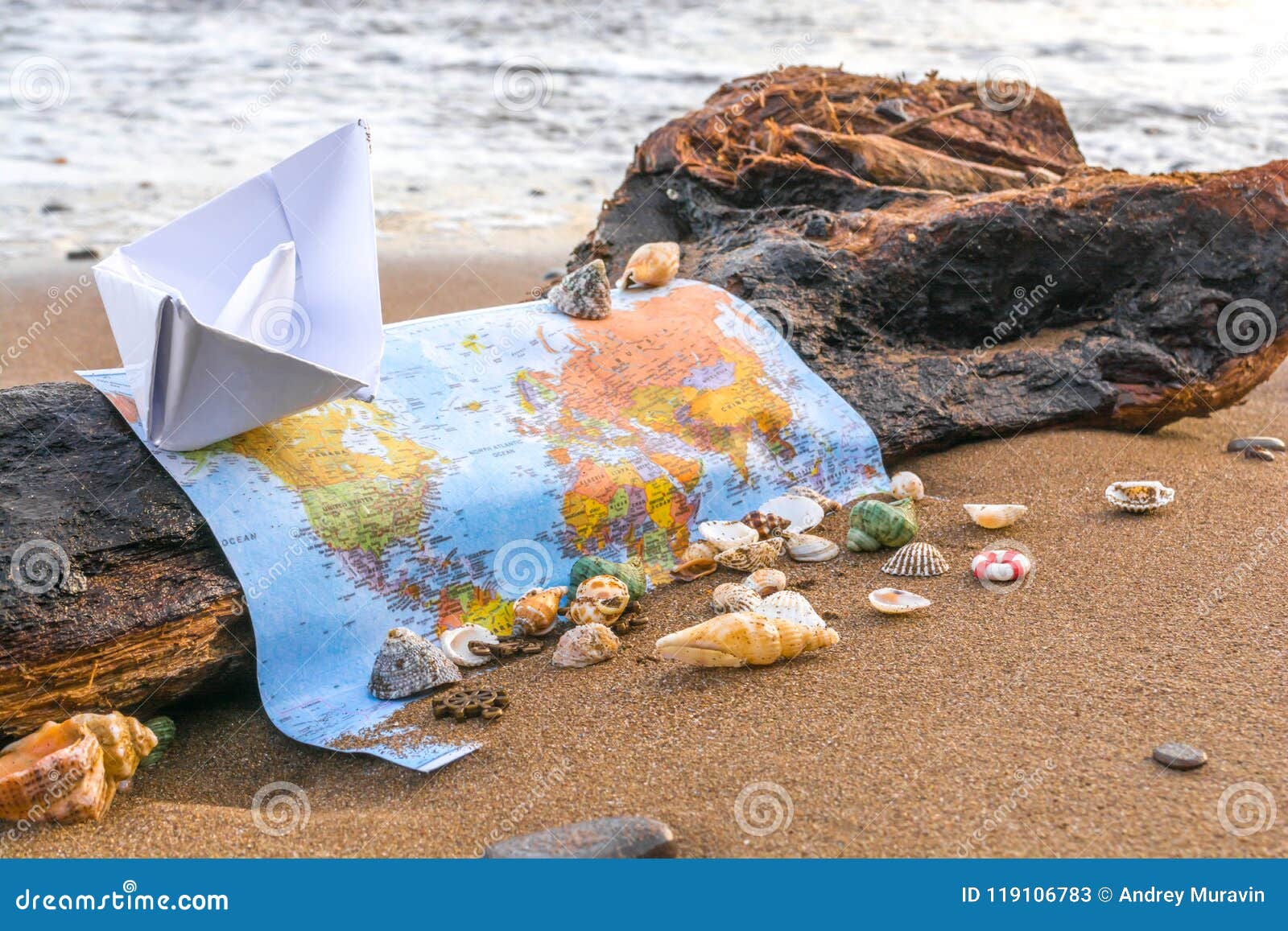 World map and seashells 4 stock image. Image of concept - 119106783